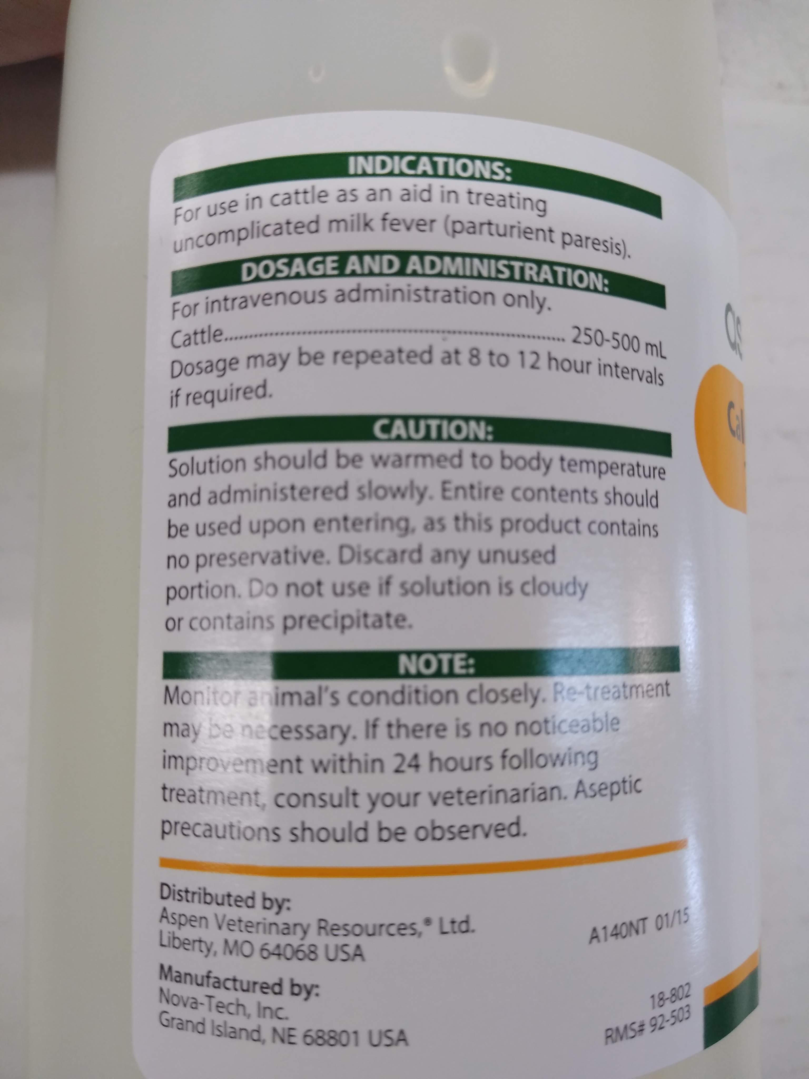 Calcium Gluconate 23 % 500 ML Aspen - Huber's Animal Health